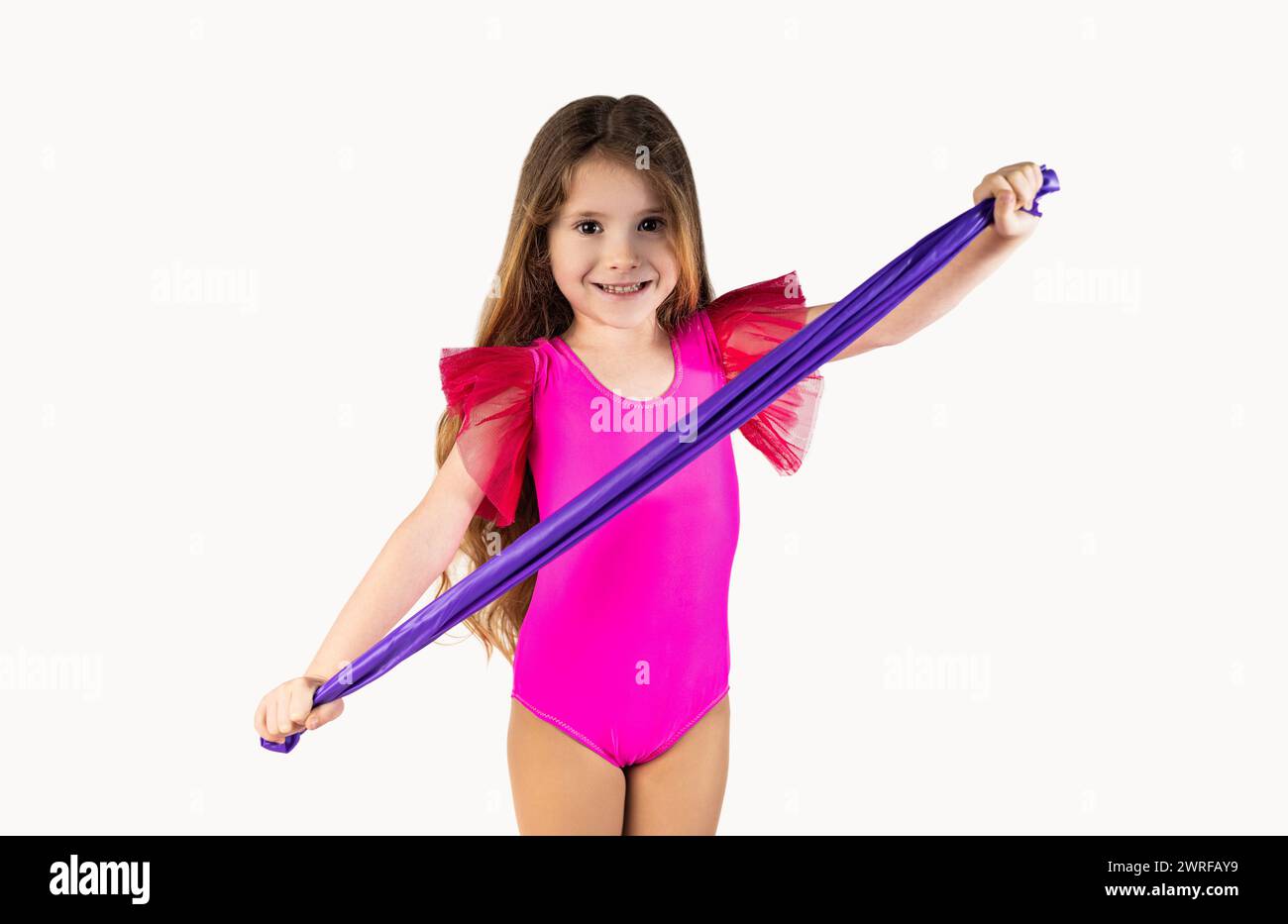 Fitness rubber resistance band kid girl exercise workout on white ...