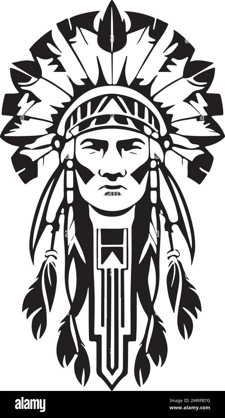 An Awesome iconic Native American chief in a black and white vector ...