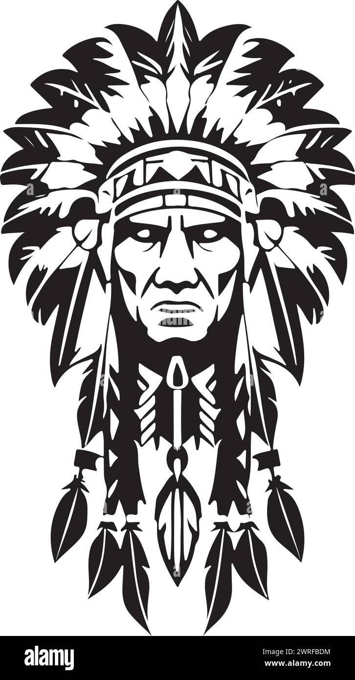 A Breathtaking iconic Native American chief in a black and white vector ...