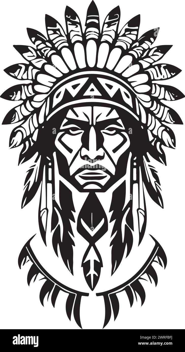 A Excellent iconic Native American chief in a black and white vector ...