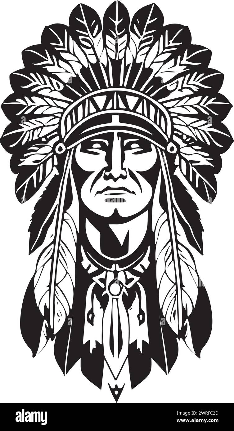 A Fantastic iconic Native American chief in a black and white vector ...