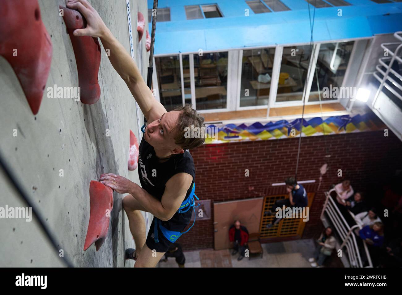 Young athlete climbs the climbing wall at the professional indoor speed ...