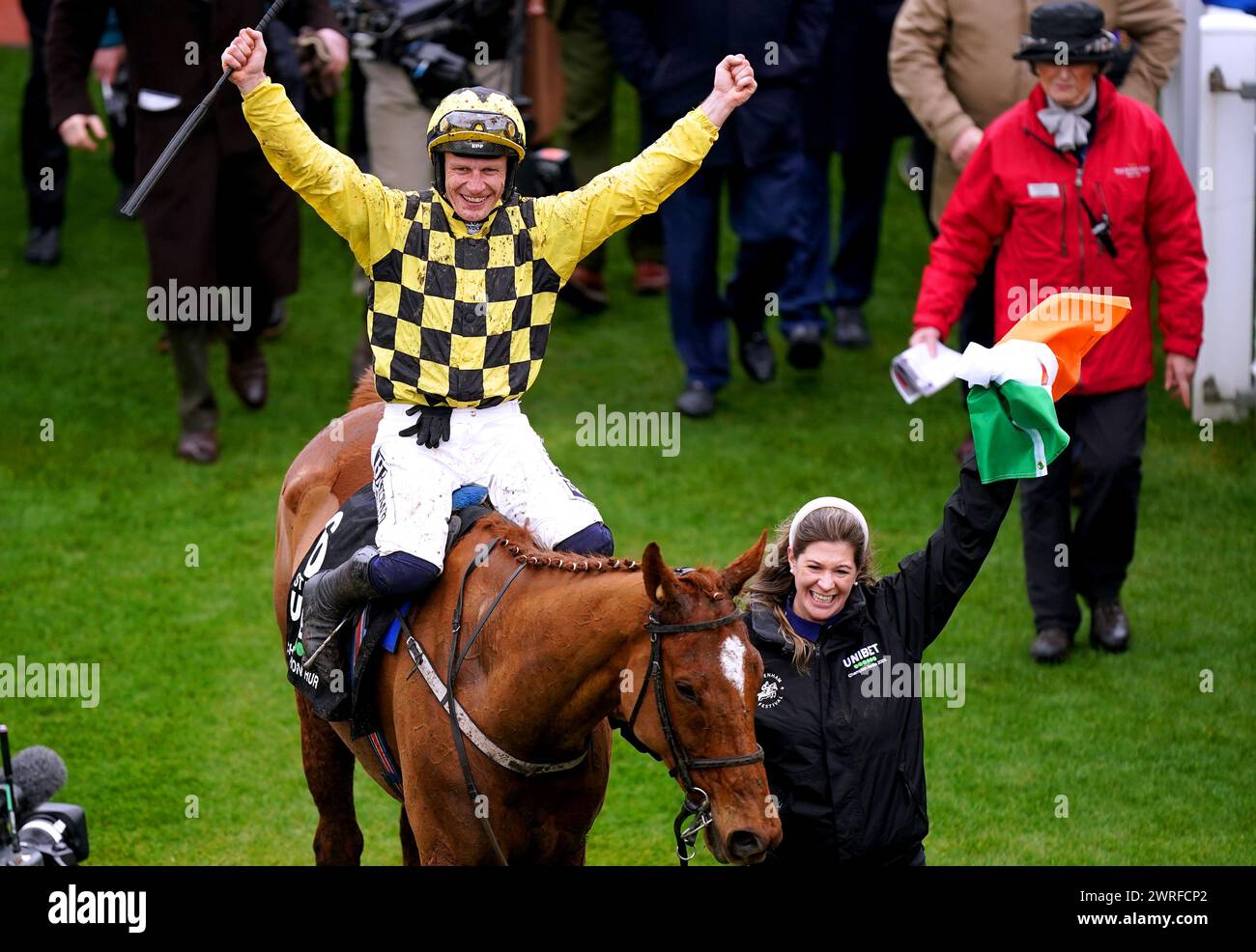 Jockey Paul Townend celebrates on State Man after winning the Unibet ...