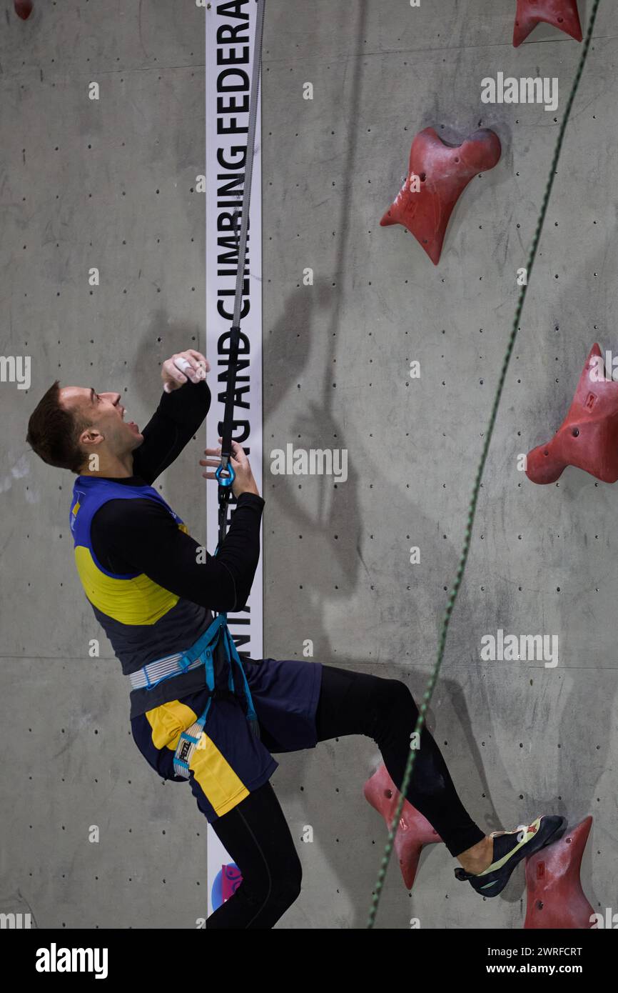 Climber falls from a vertical wall at a speed climbing competition ...
