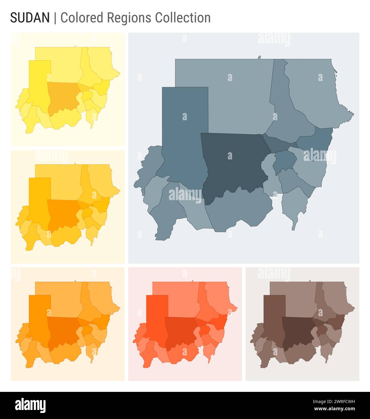 Sudan map collection. Country shape with colored regions. Blue Grey ...