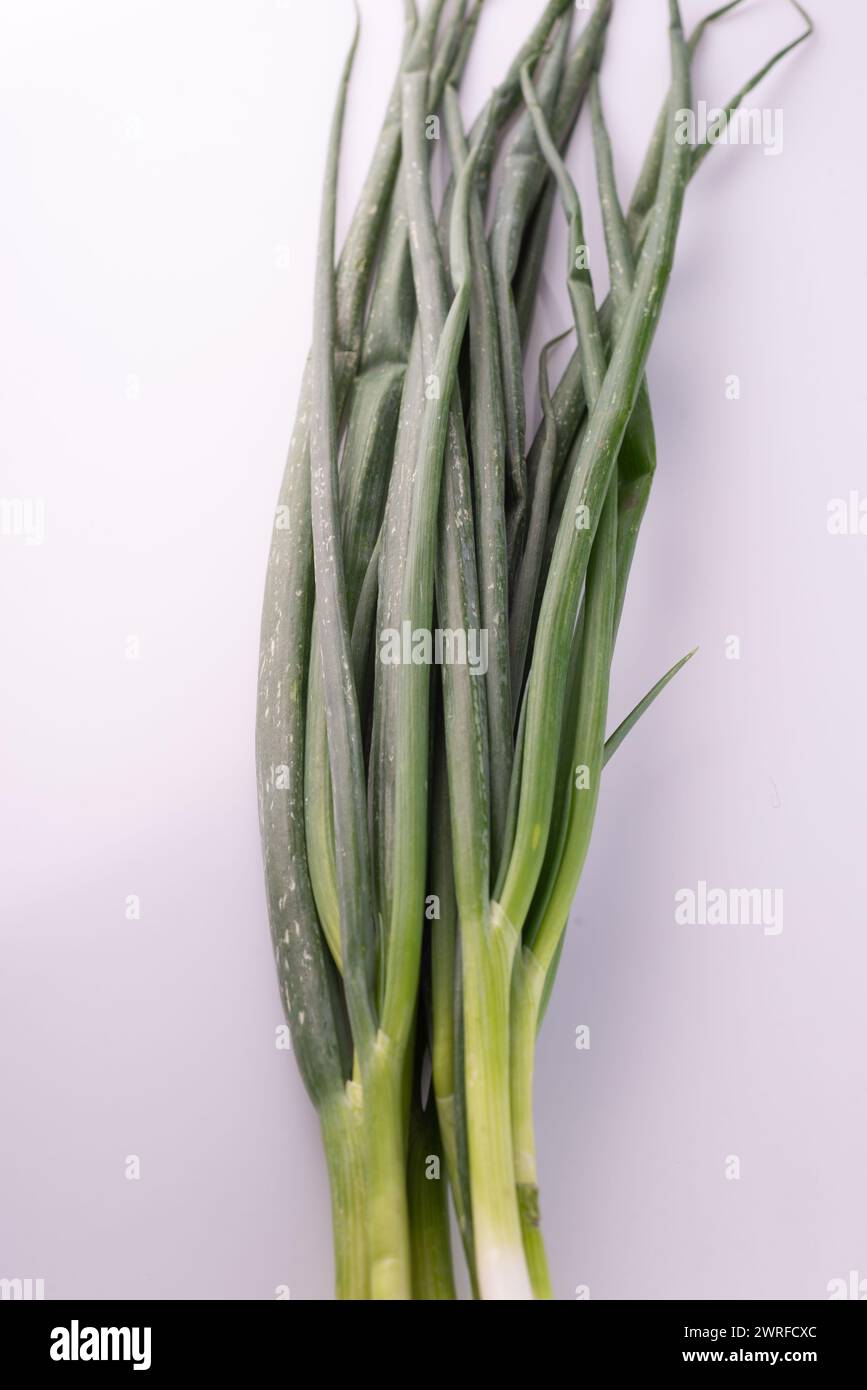 bunch of green onion stems on white background Stock Photo - Alamy