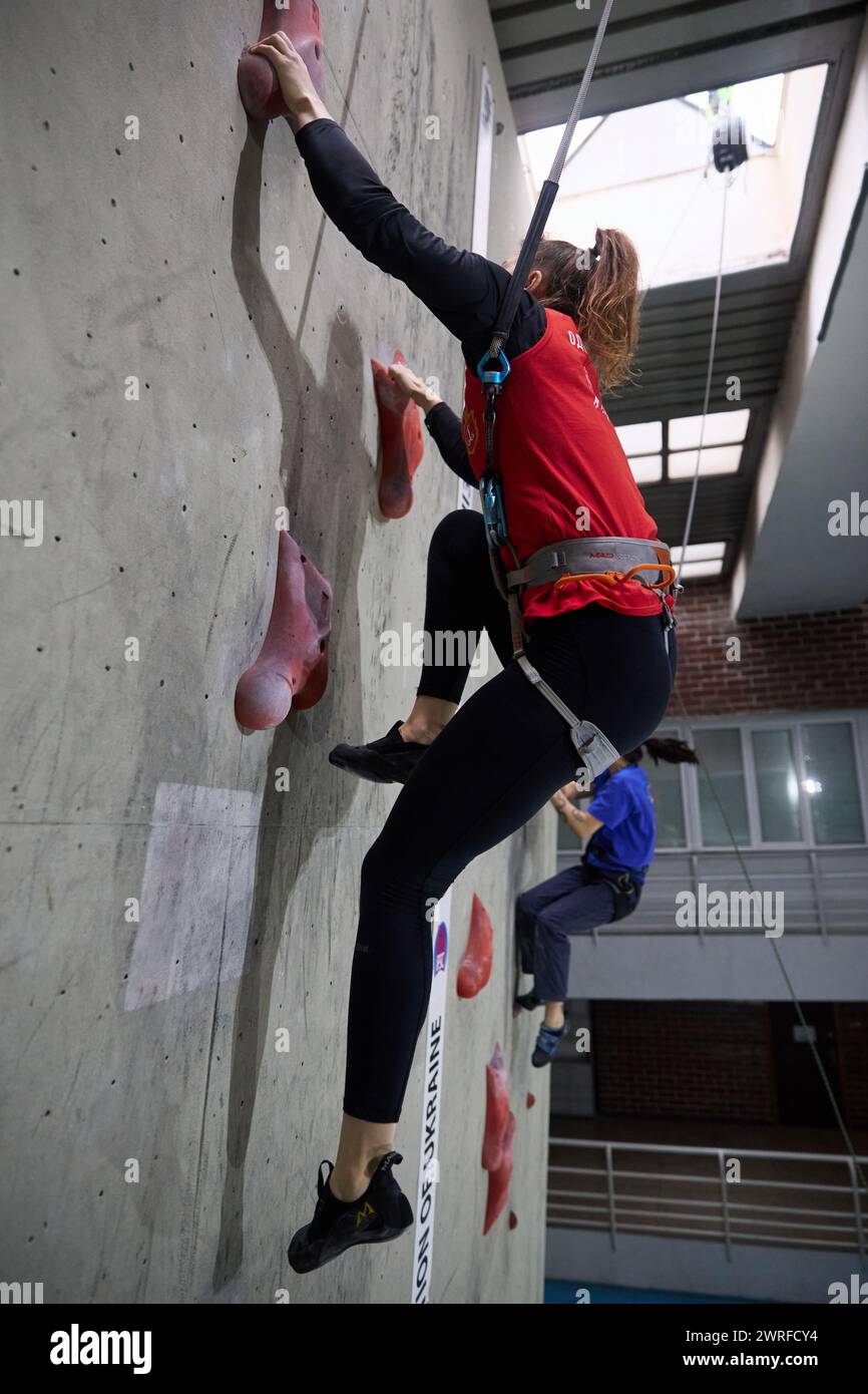 Young Ukrainian climbers compete in fast climbing competition on a ...