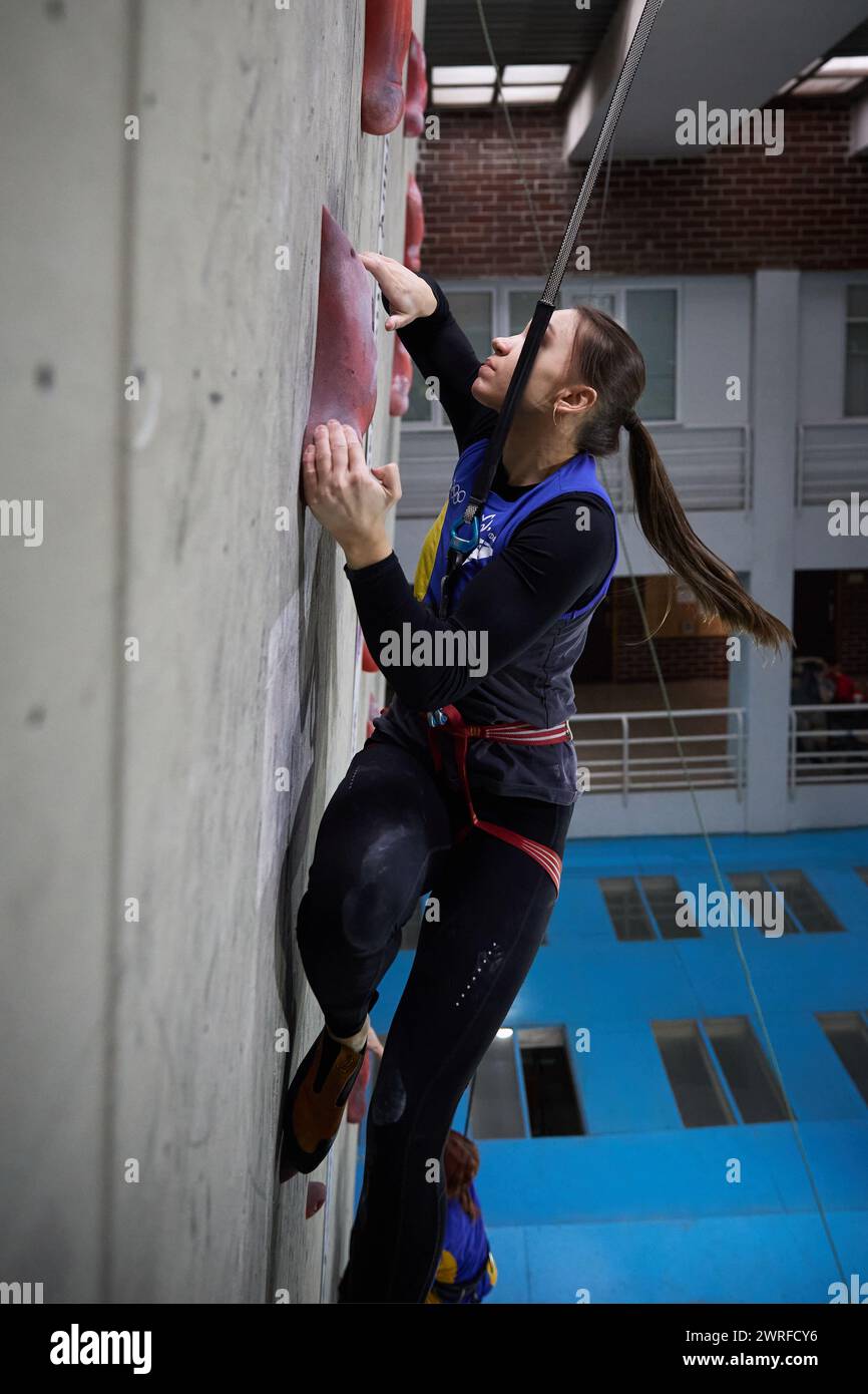 Strong young female climber goes up the speed wall at a indoor climbing ...