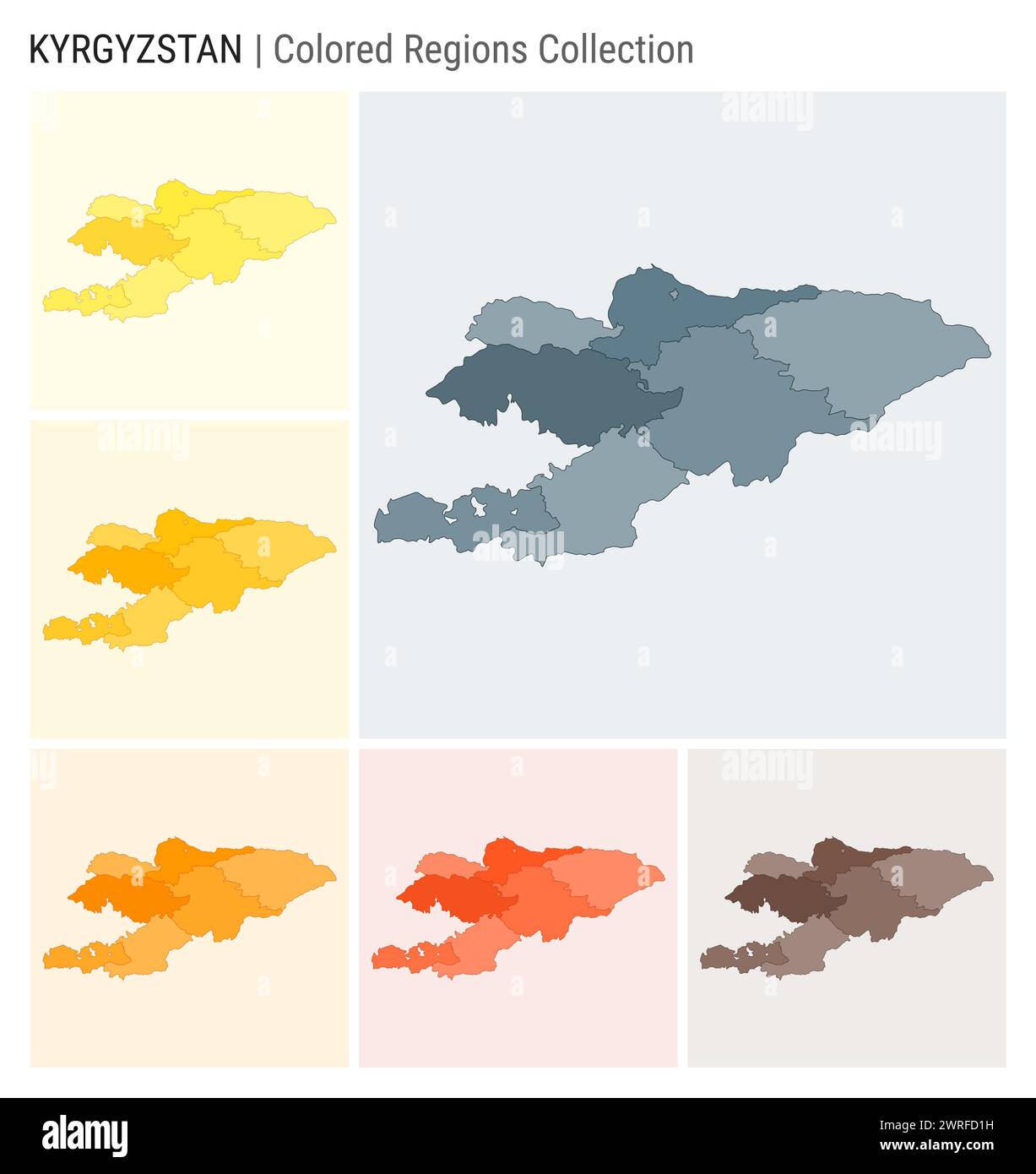 Kyrgyzstan map collection. Country shape with colored regions. Blue ...