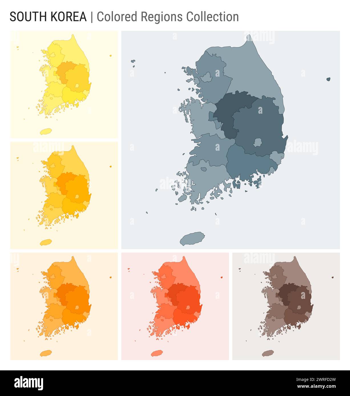 South Korea map collection. Country shape with colored regions. Blue ...
