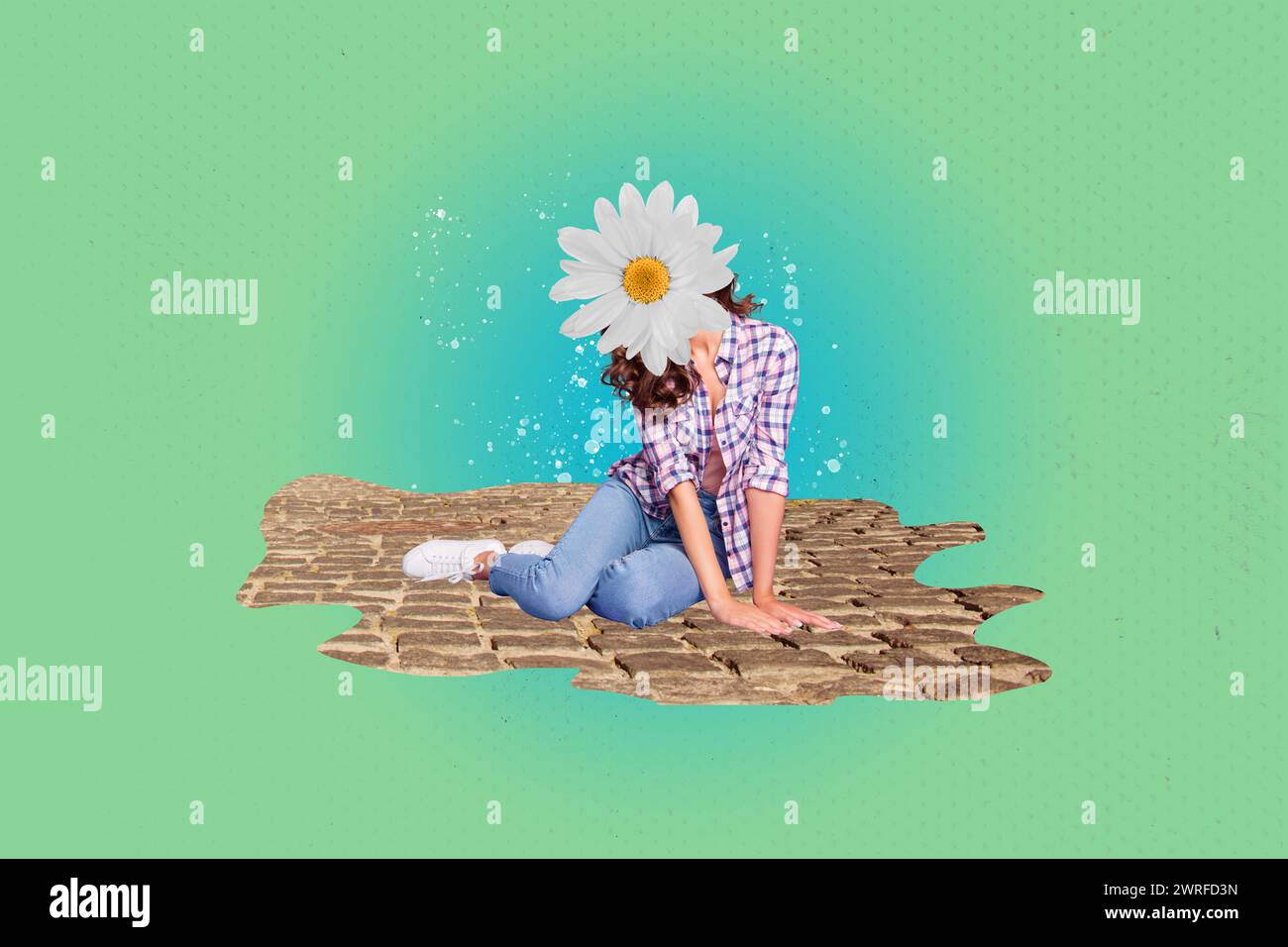 Collage image of charming girl chamomile flower head sitting ...
