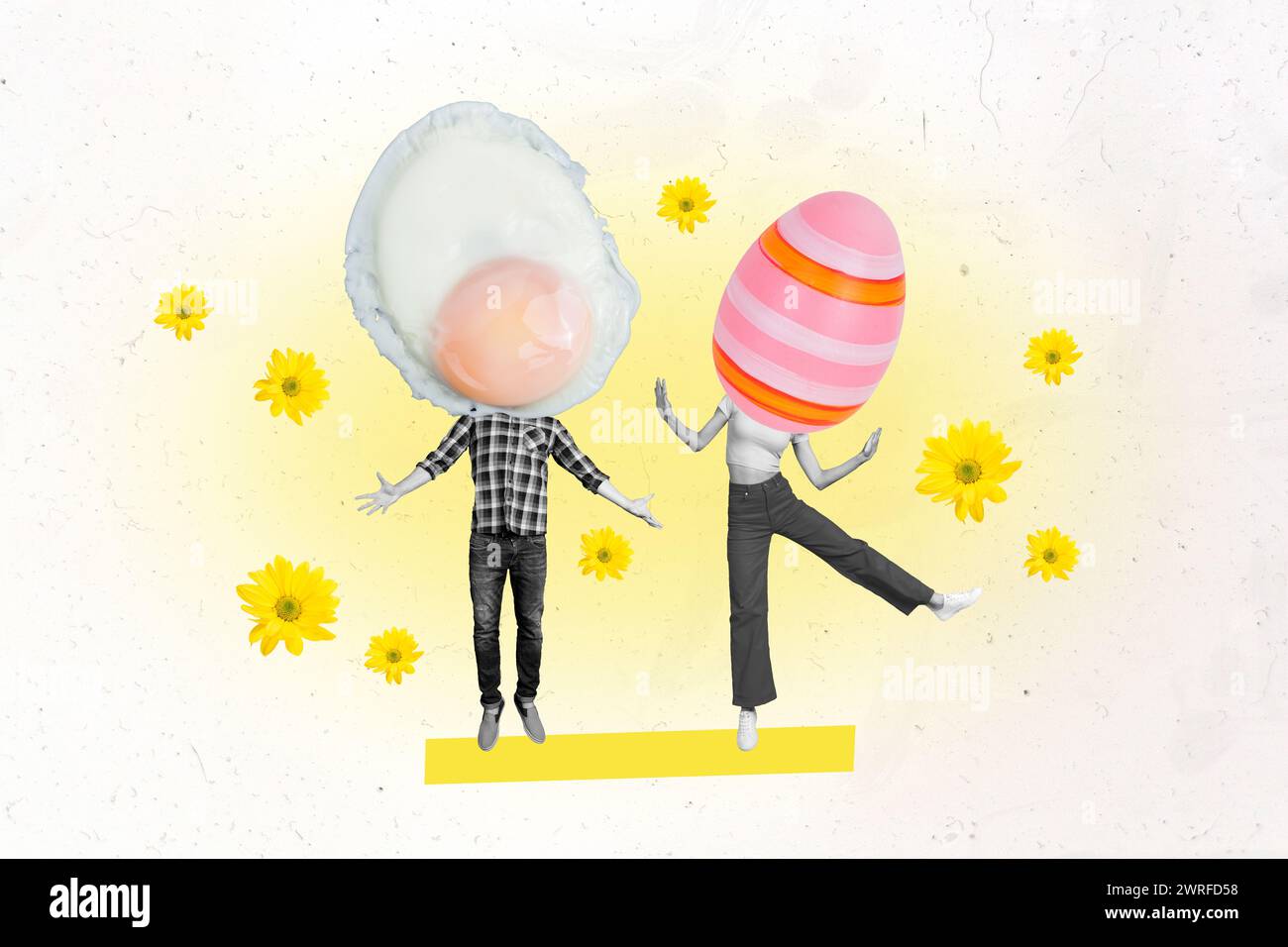 Creative photo collage young two man woman headless people egg shell ...