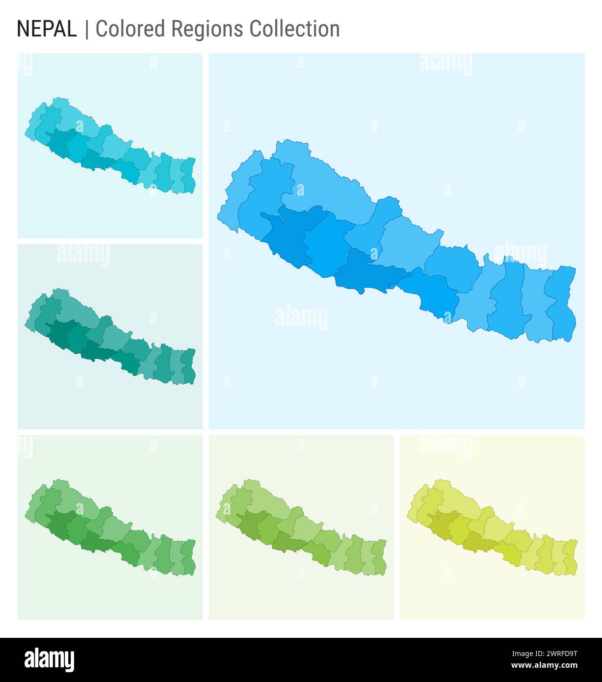 Nepal map collection. Country shape with colored regions. Light Blue ...