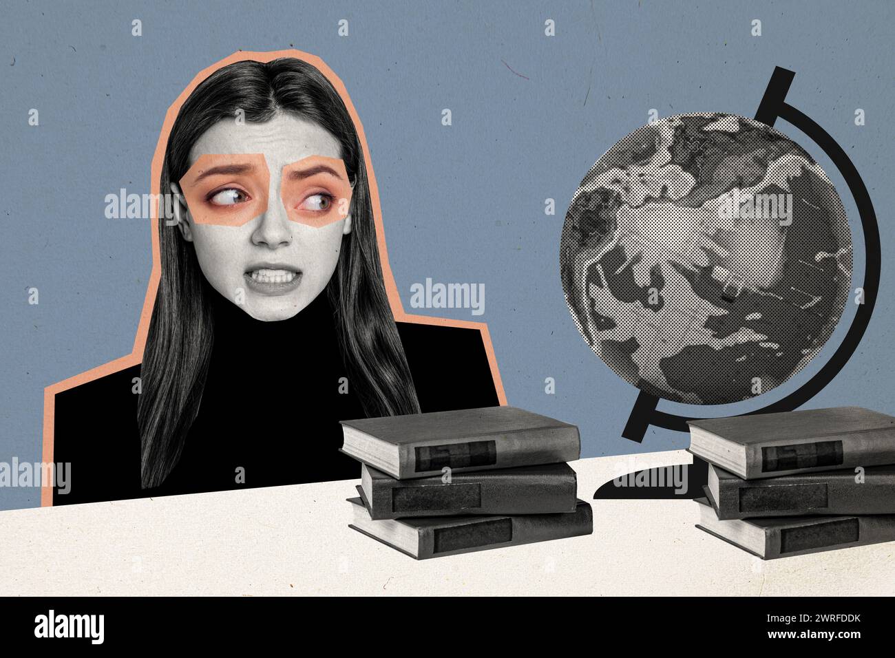 Composite photo collage of upset young girl student stare globe ...