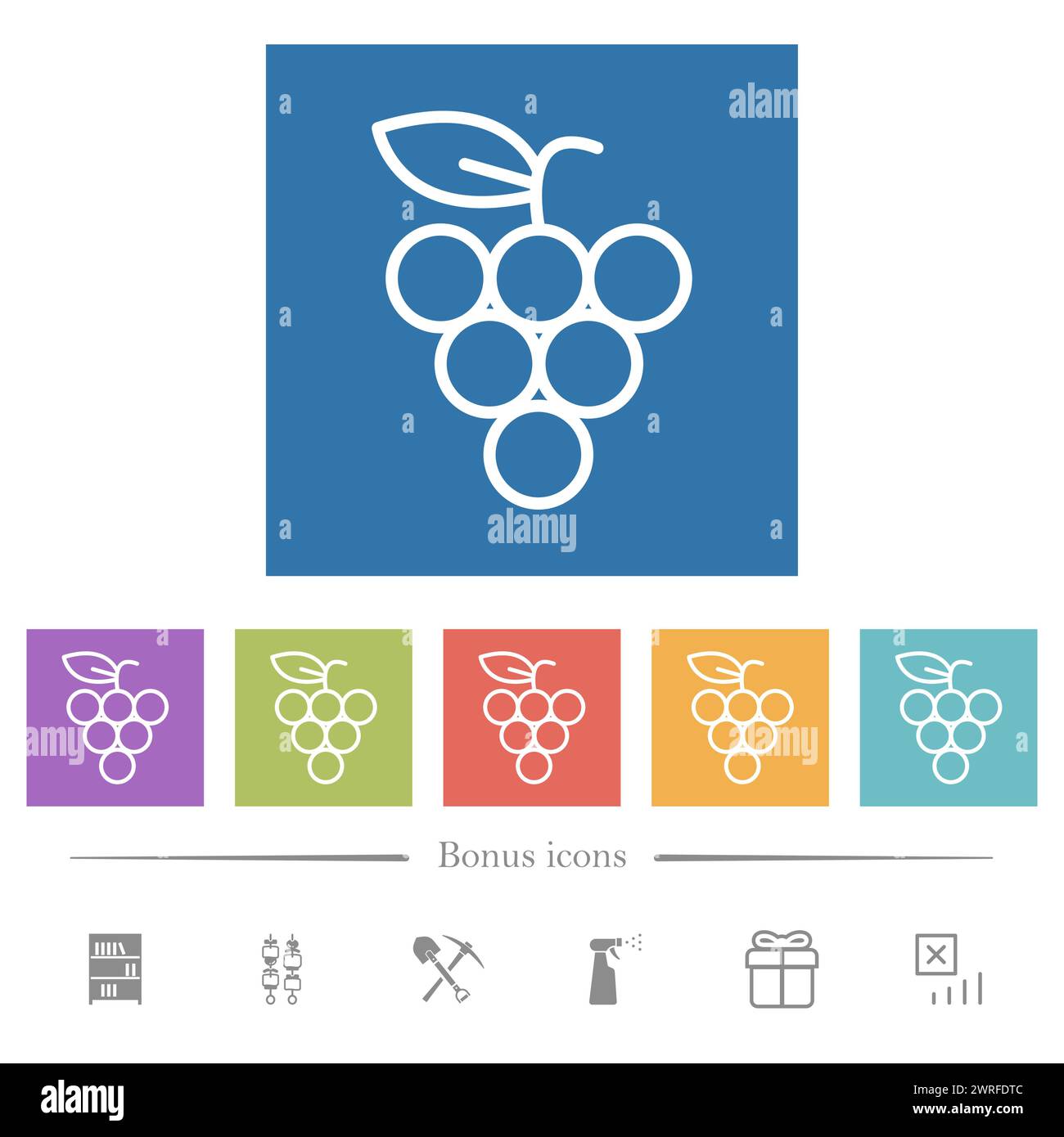 Bunch of grapes outline flat white icons in square backgrounds. 6 bonus ...