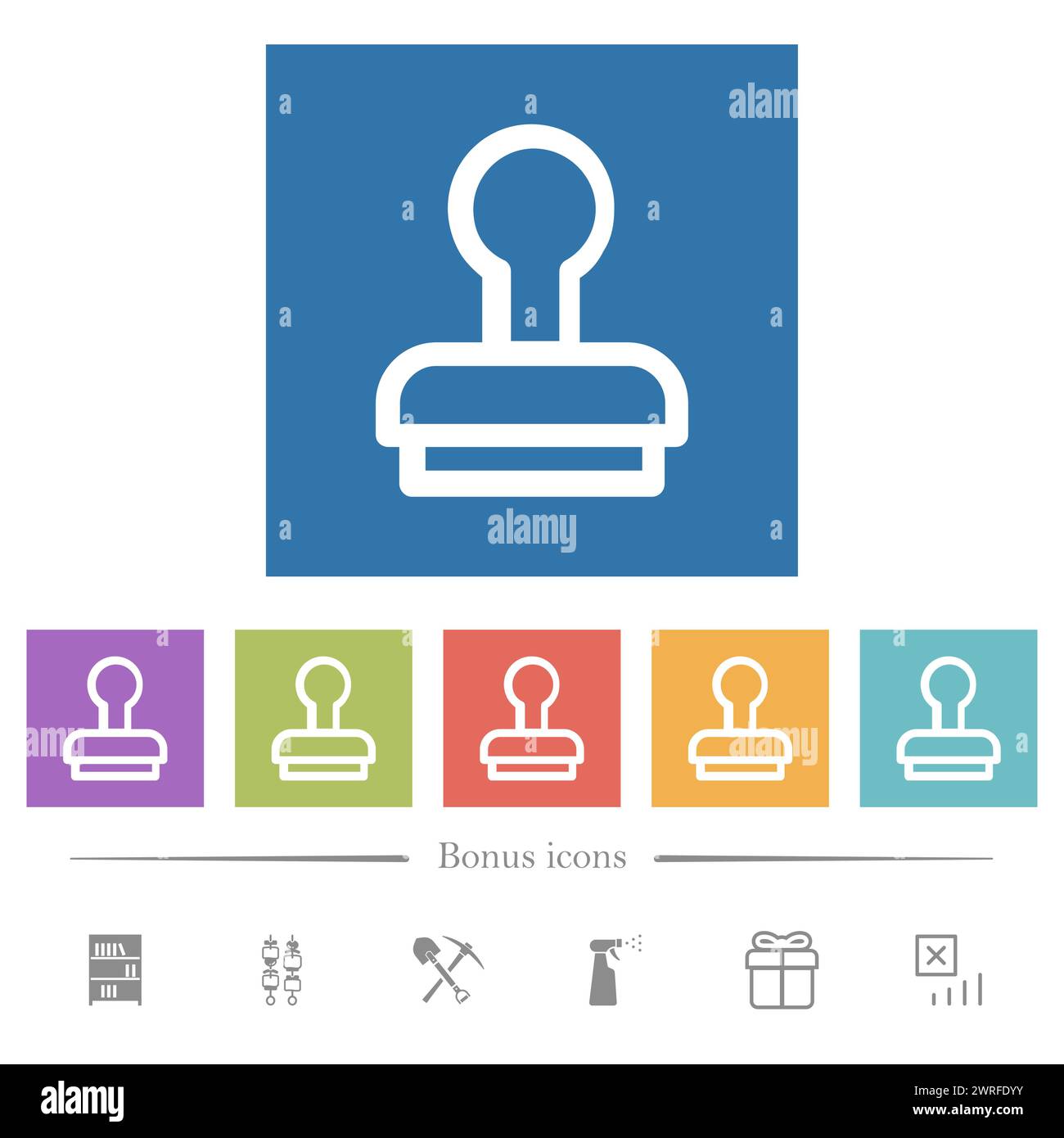 Stamp outline flat white icons in square backgrounds. 6 bonus icons ...