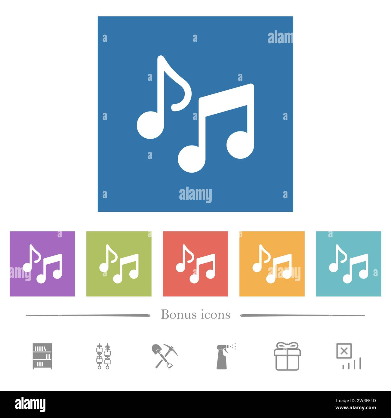 Music notes solid flat white icons in square backgrounds. 6 bonus icons ...