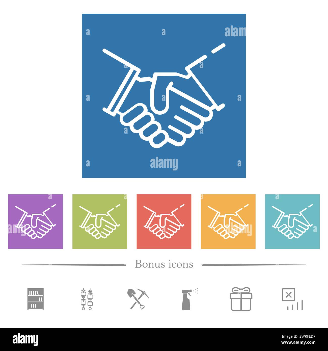 Handshake outline flat white icons in square backgrounds. 6 bonus icons ...