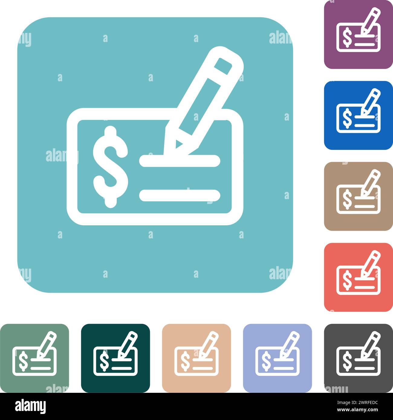Cheque signing outline white flat icons on color rounded square ...