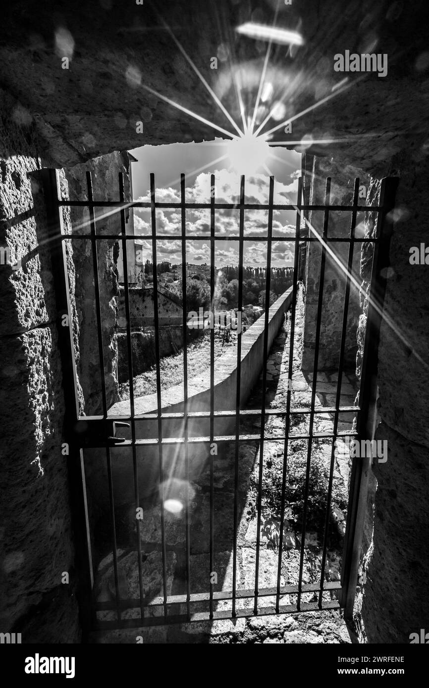 Impressive light diffraction sun star effect, metallic grid door in ...