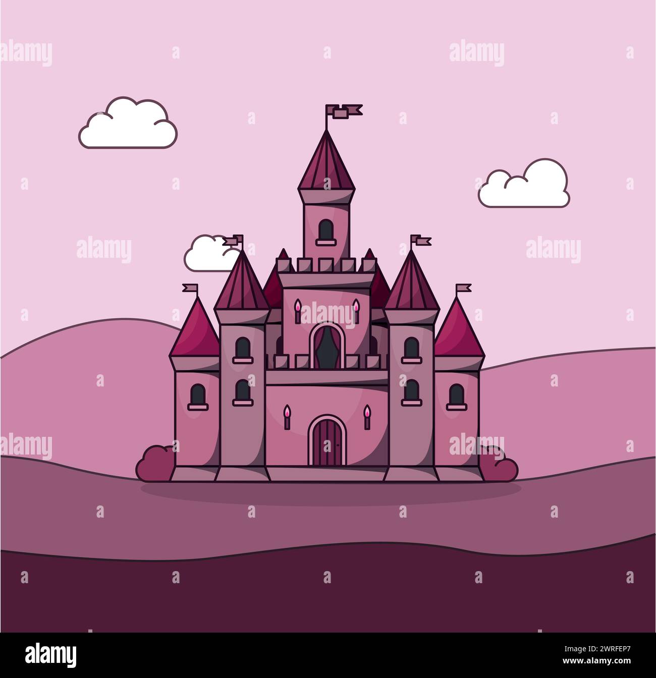 Pink princess medieval vector castle. Cartoon fairy tale castle tower ...