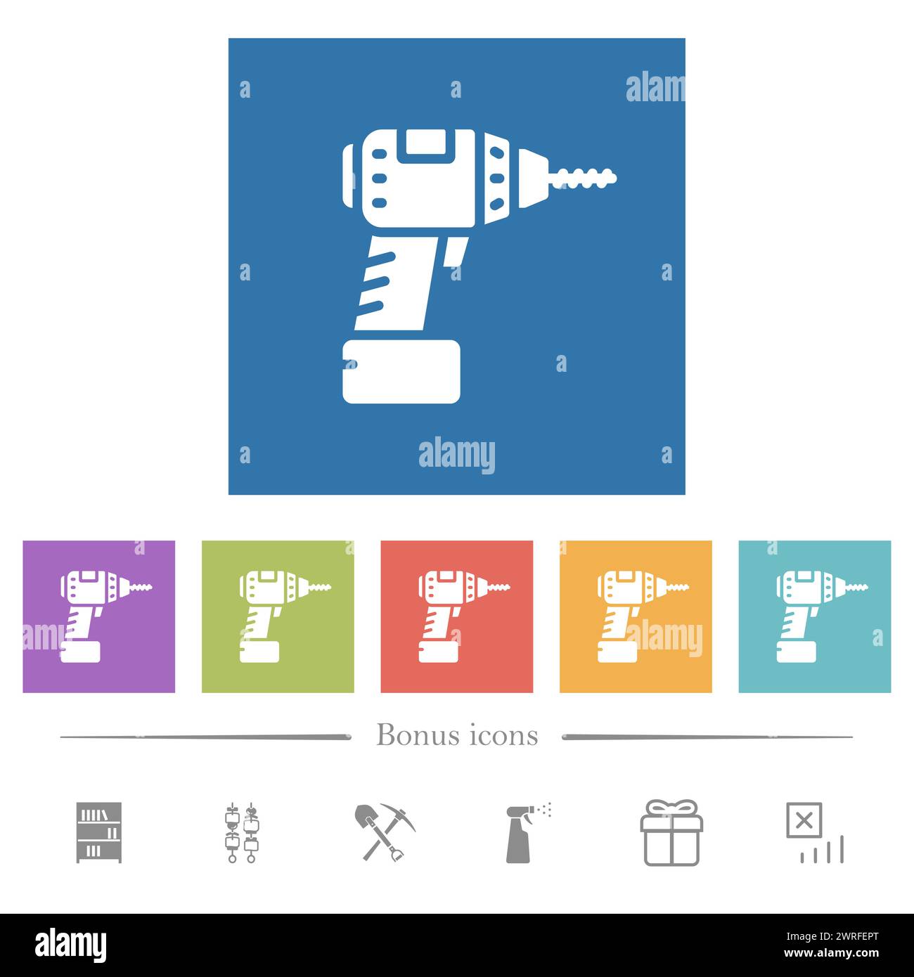 Cordless drill flat white icons in square backgrounds. 6 bonus icons ...