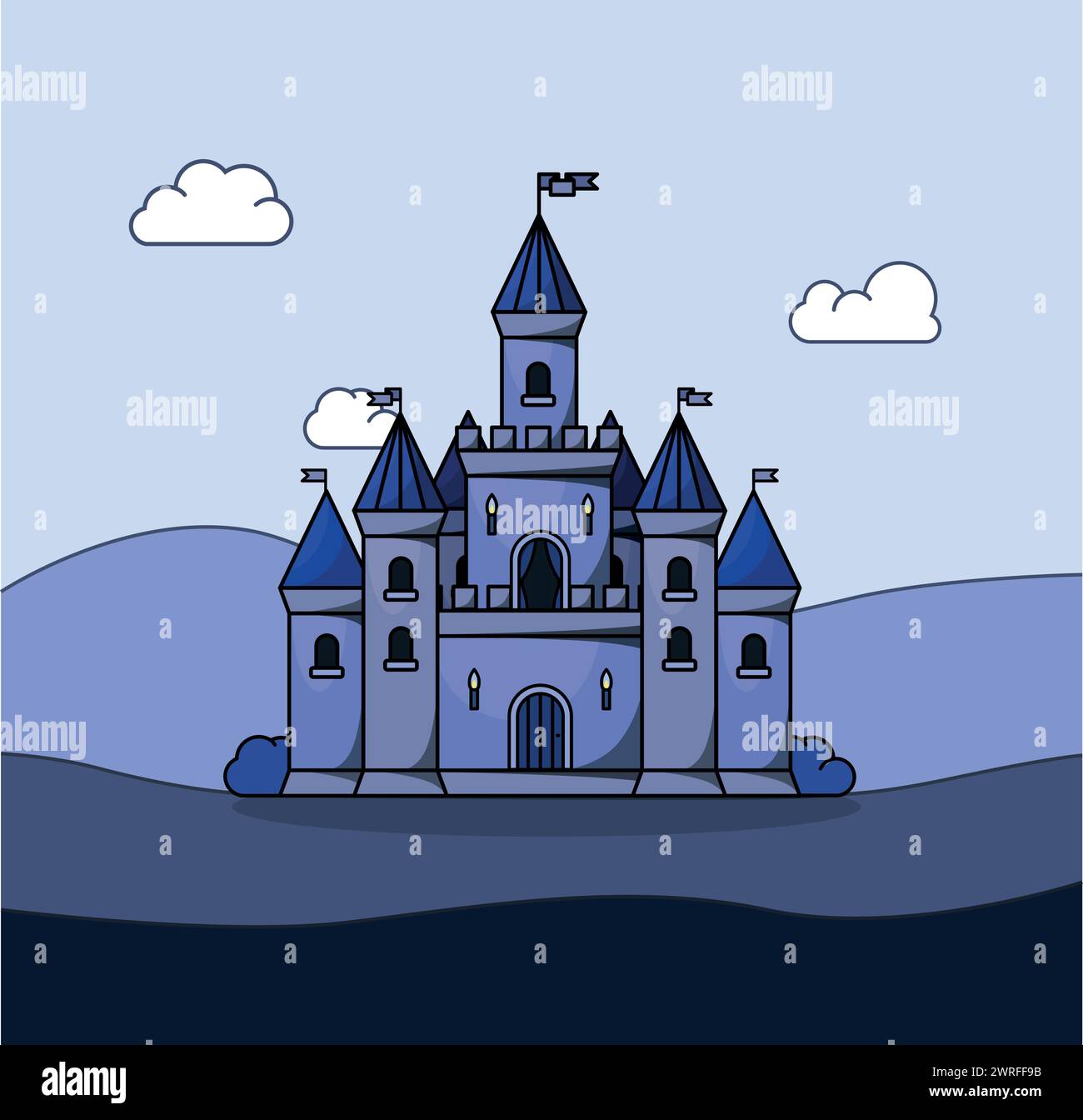 Blue prince medieval vector castle. Cartoon fairy tale castle tower ...