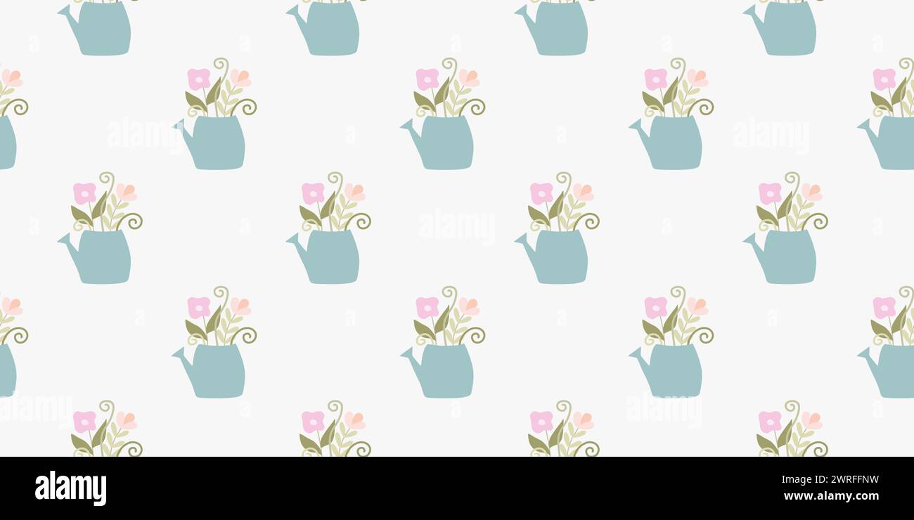 Spring Seamless pattern. Garden Watering Cans with Delicate Flowers ...