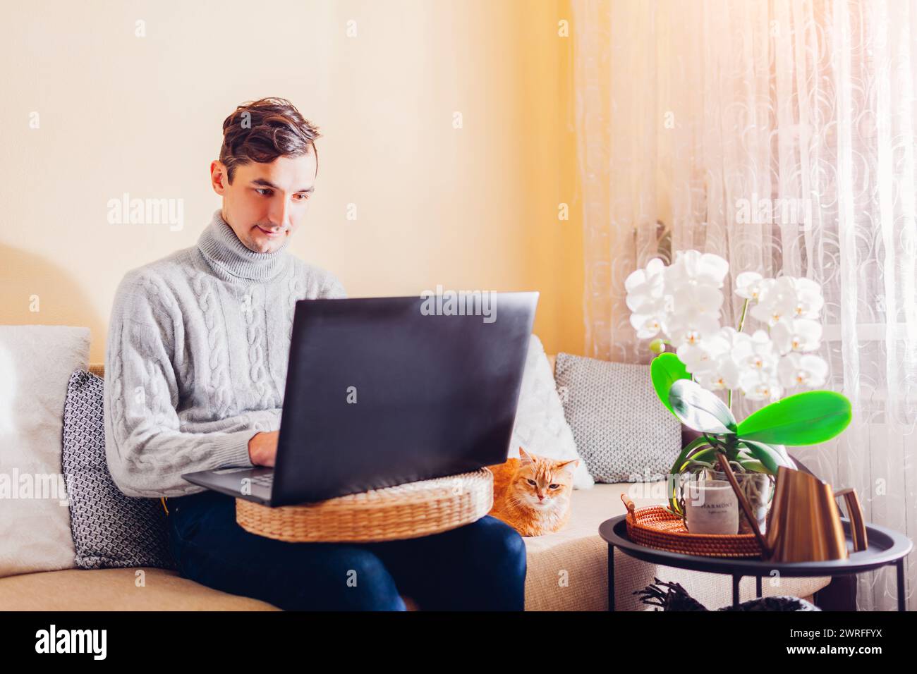 Young man working online from home with pet using laptop. Freelancer ...