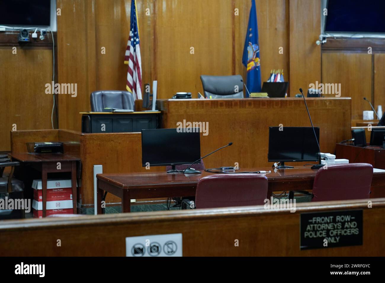 Judge Juan Merchan's courtroom is seen in New York, Tuesday, March 12 ...