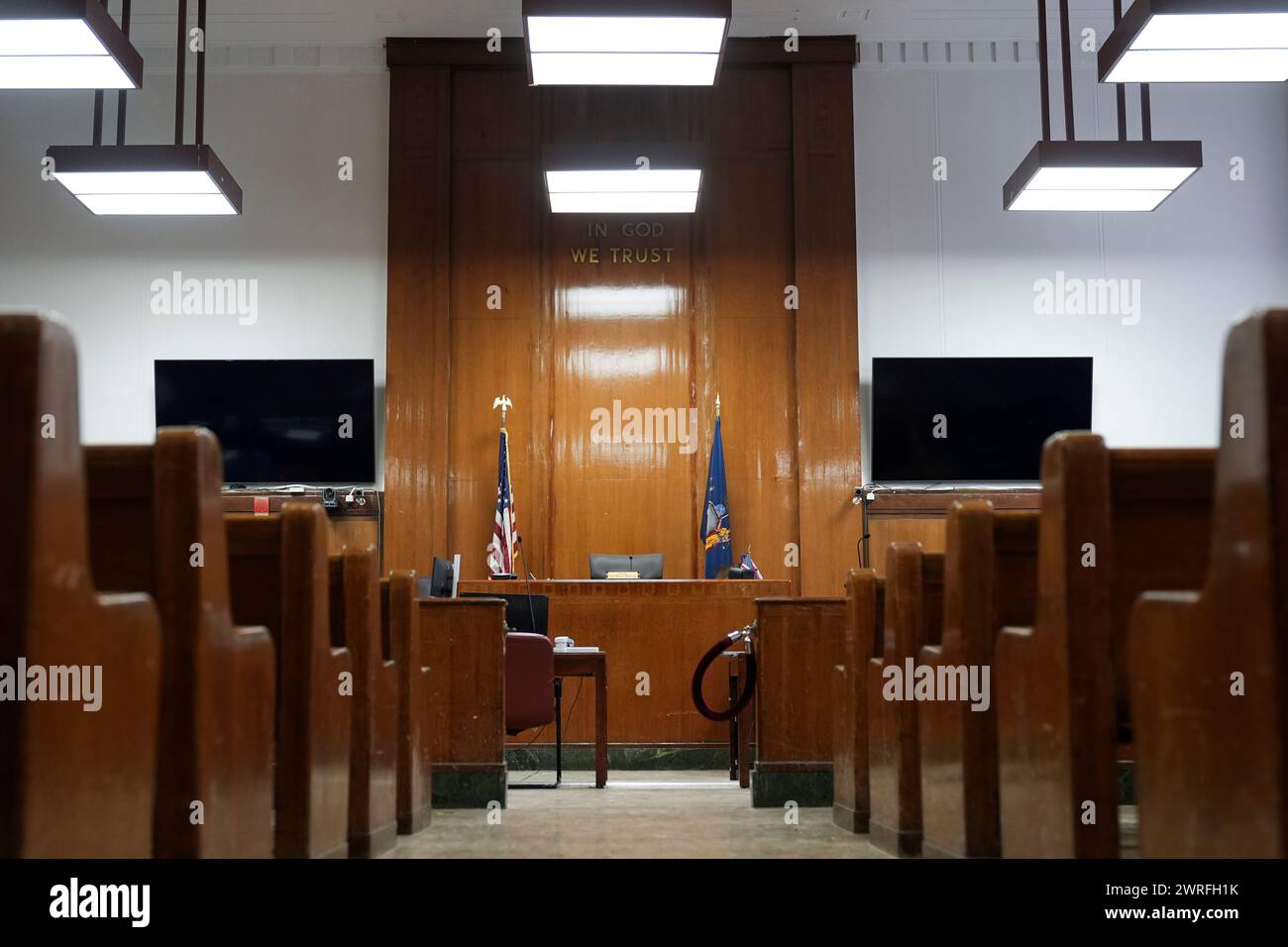 Judge Juan Merchan's courtroom is seen in New York, Tuesday, March 12 ...