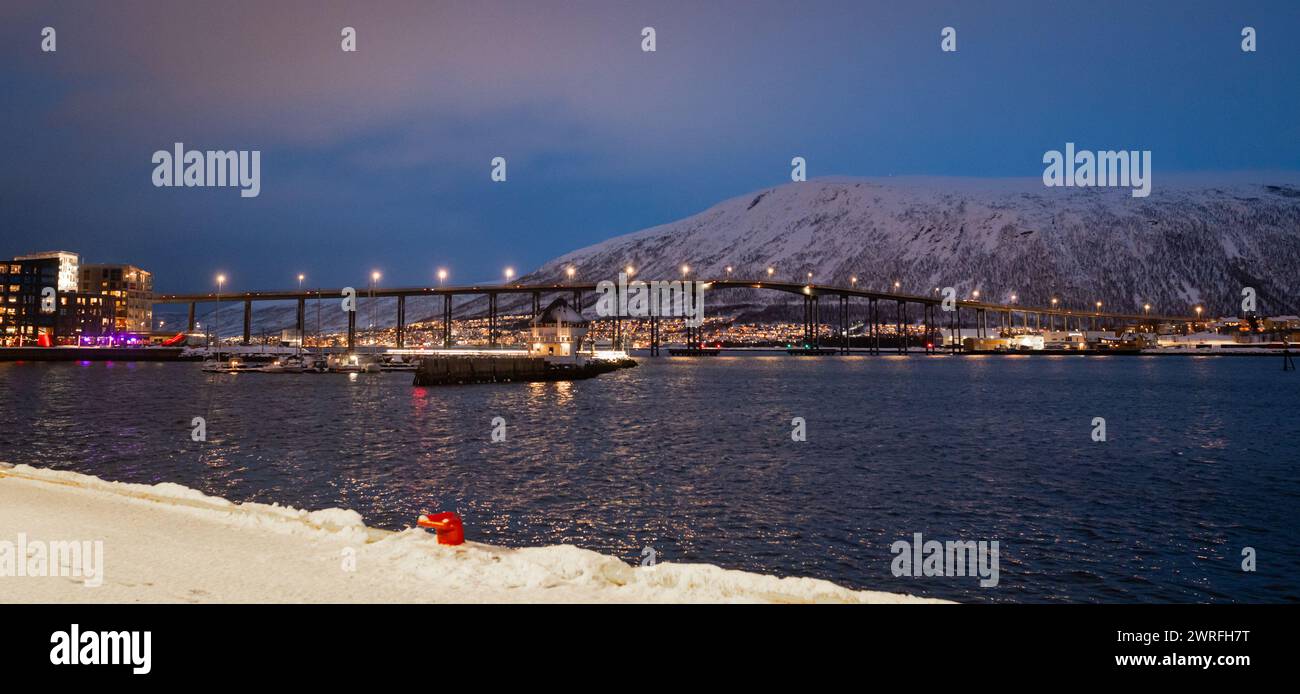 Night view of the Tromsø Bridge (Norwegian: Tromsøbrua), a cantilever ...