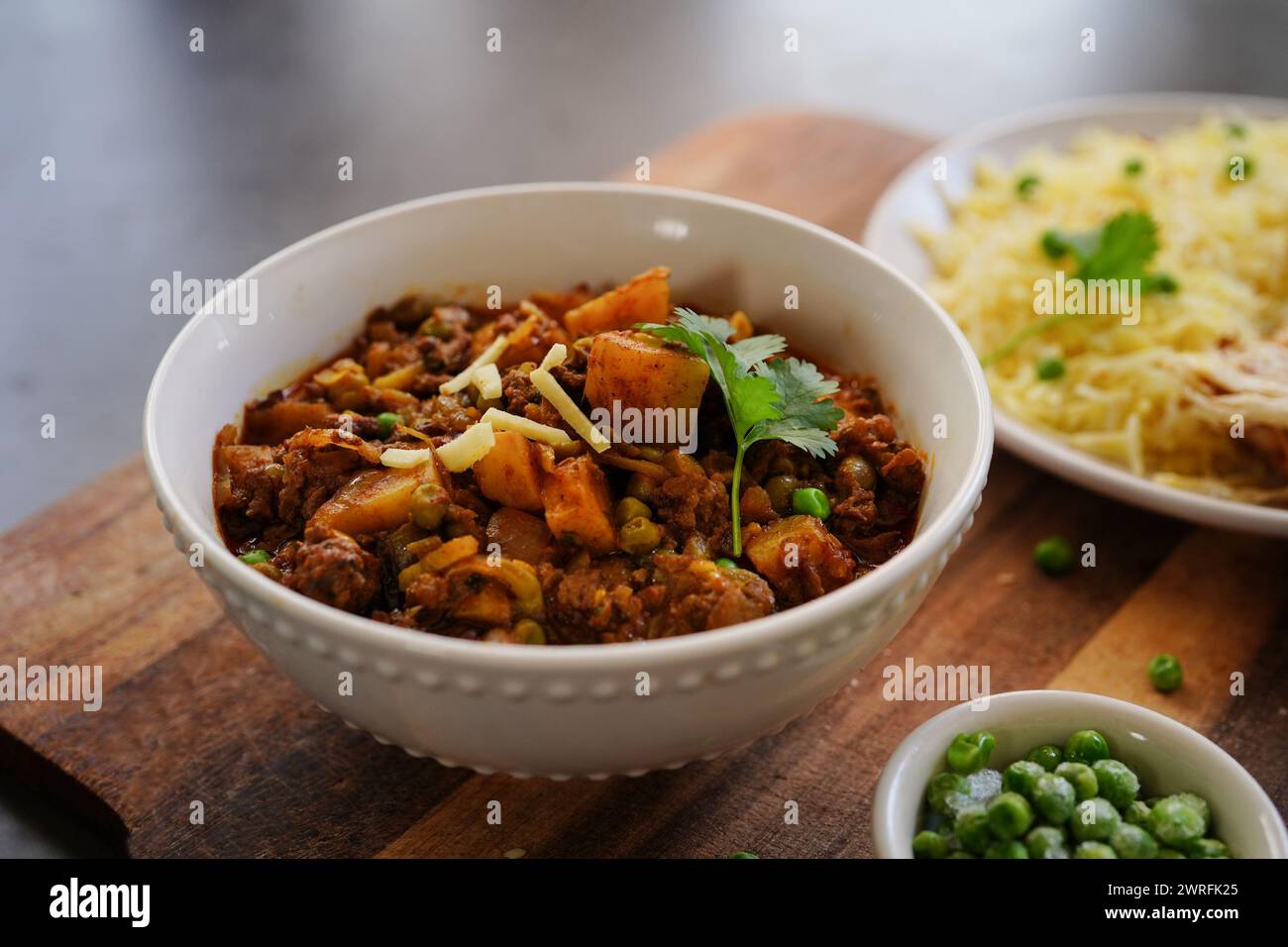 Homemade Beef keema | Alu matar kheema with rice and roti Stock Photo ...