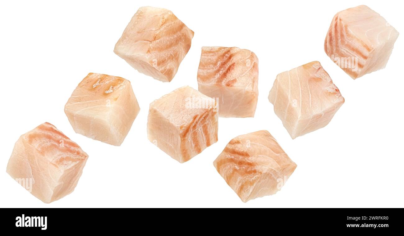 Falling cod fish fillet cubes isolated on white background Stock Photo ...