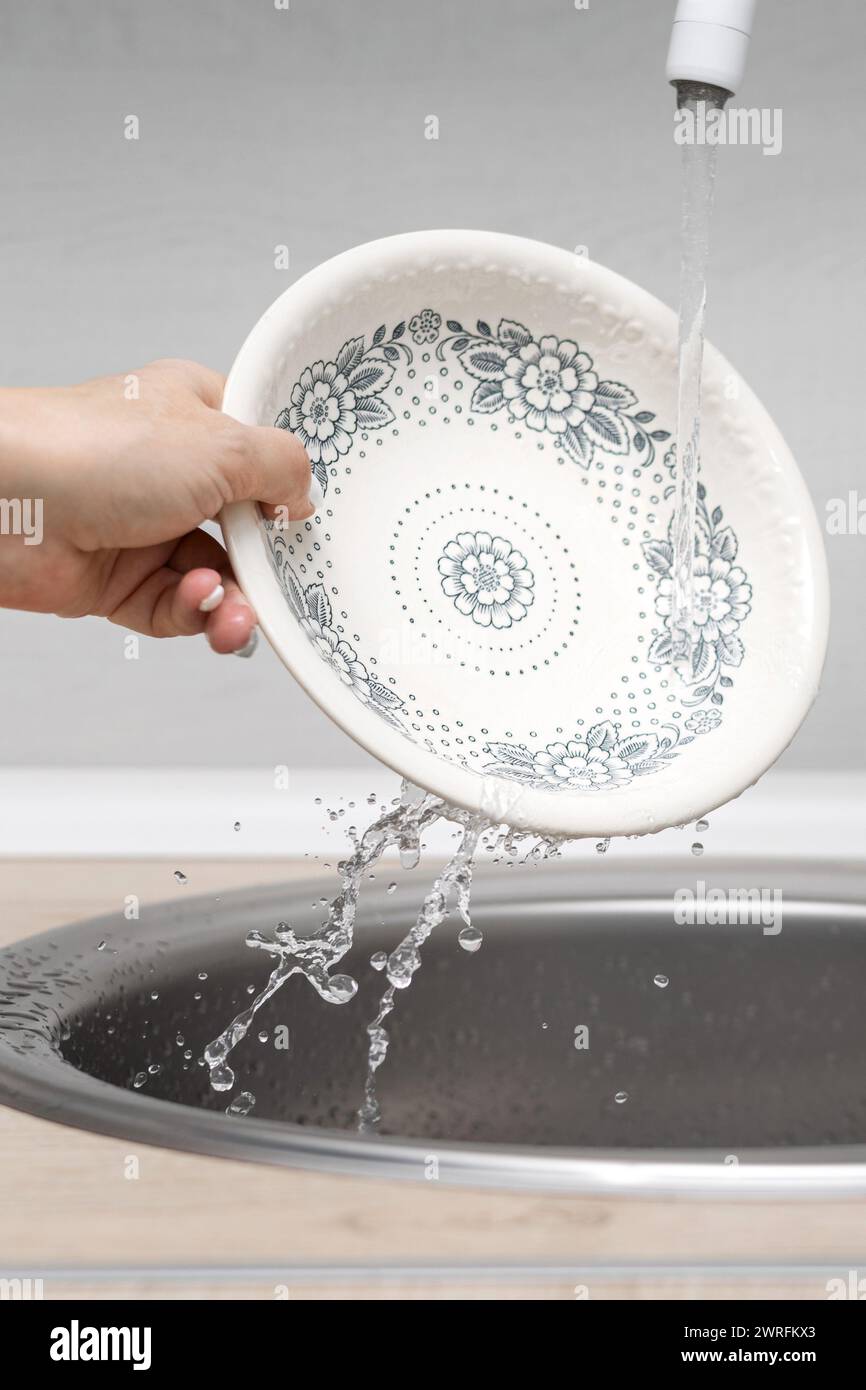 housewife washes a plate in the kitchen sink. man washing a plate in ...