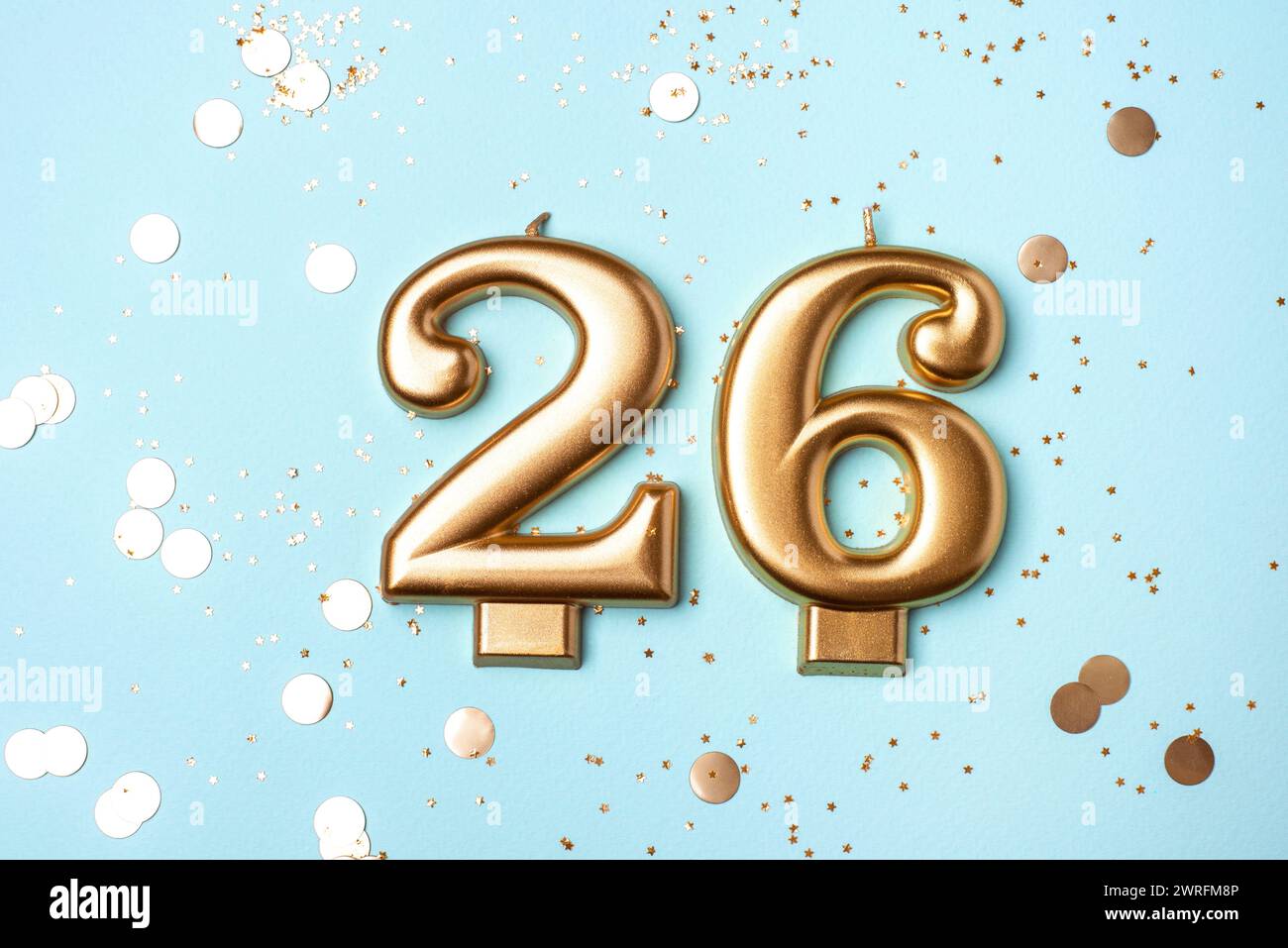 26 years celebration. Greeting banner. Gold candles in the form of ...