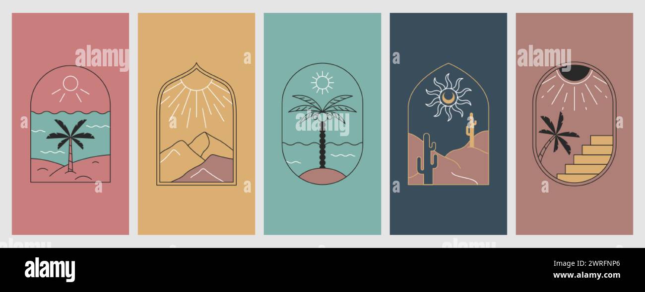 Vector minimal linear boho emblem with palm, sea beach and sun in ...