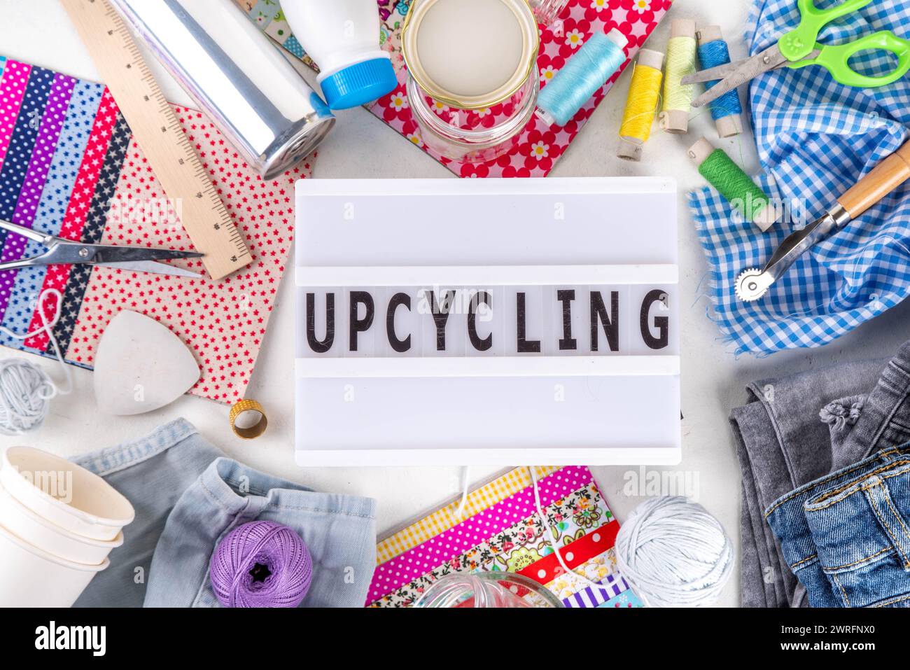 DIY upcycling ideas and materials background. Sustainable hobby with ...