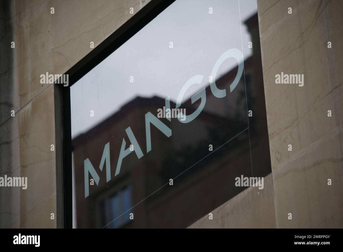 Oviedo, Spain, March 12, 2024: A window with the Mango sign during ...