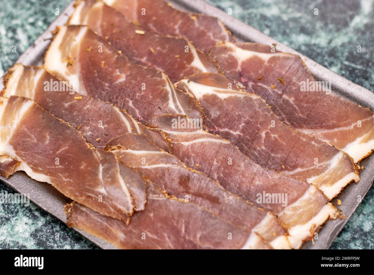Red cuts of salted meat close up, macrophoto Stock Photo - Alamy
