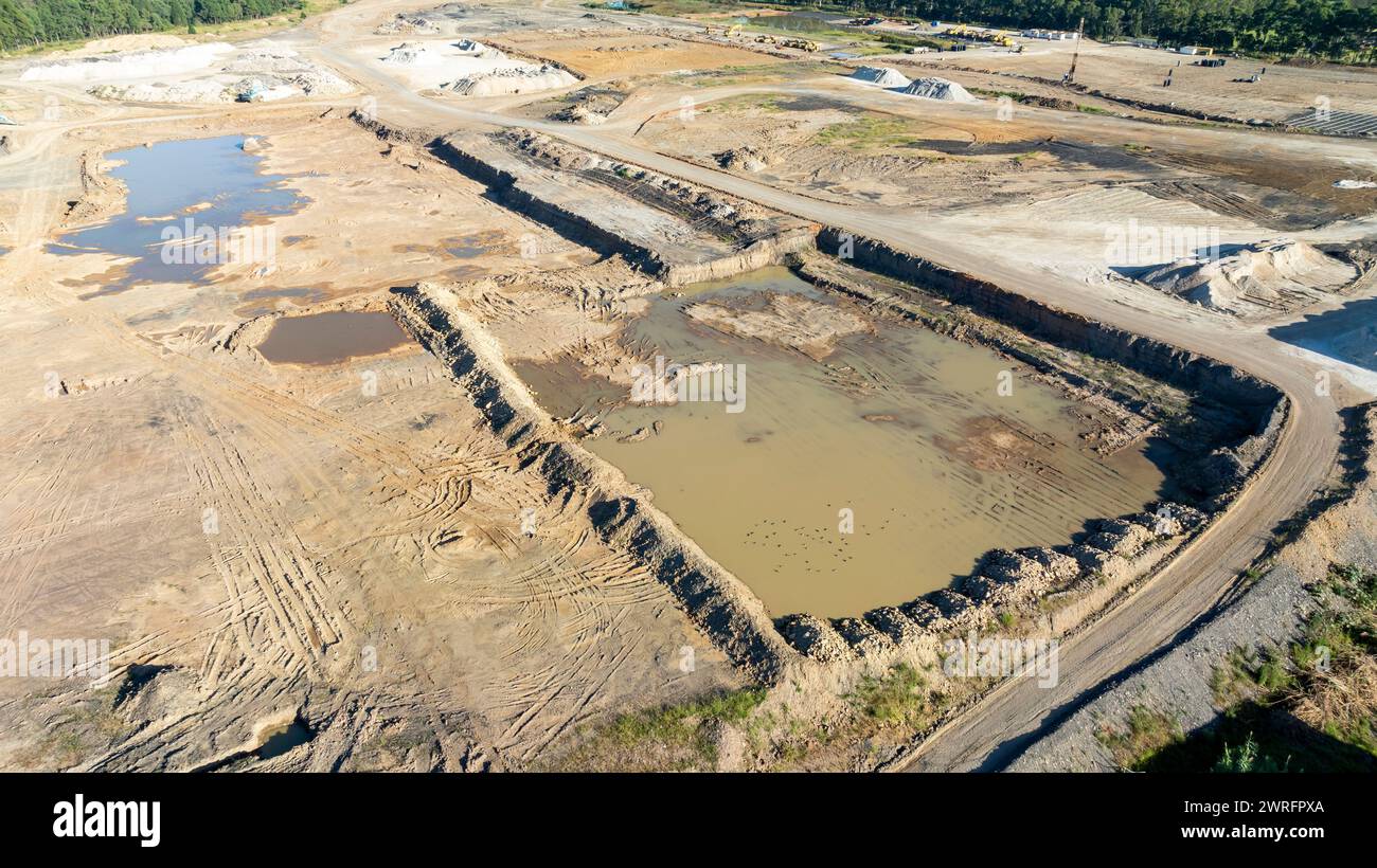 Drone aerial photograph of earthworks at a new construction site in the ...