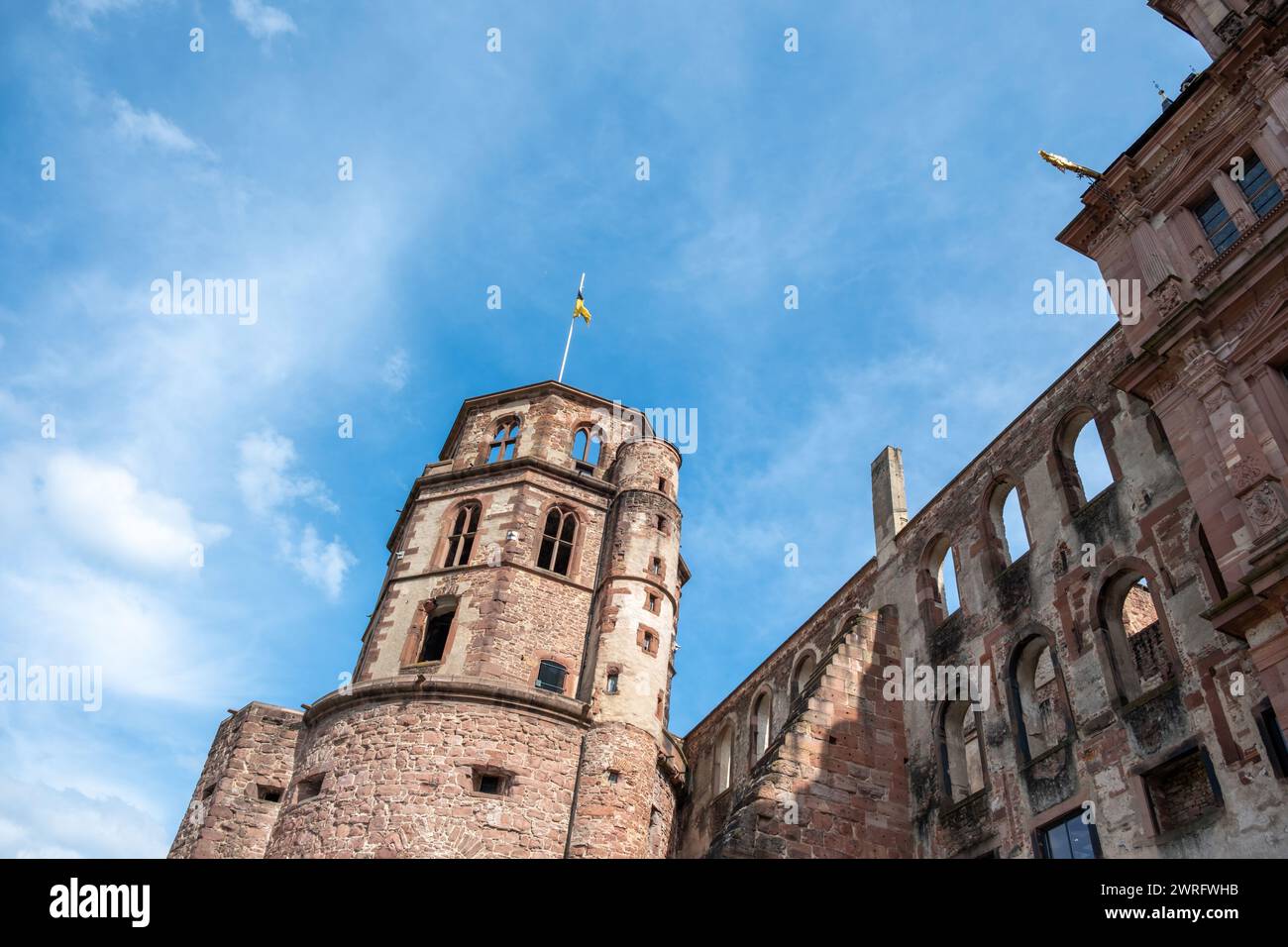 Germany, Schloss Heidelberg castle tower with flag, palace, German blue ...