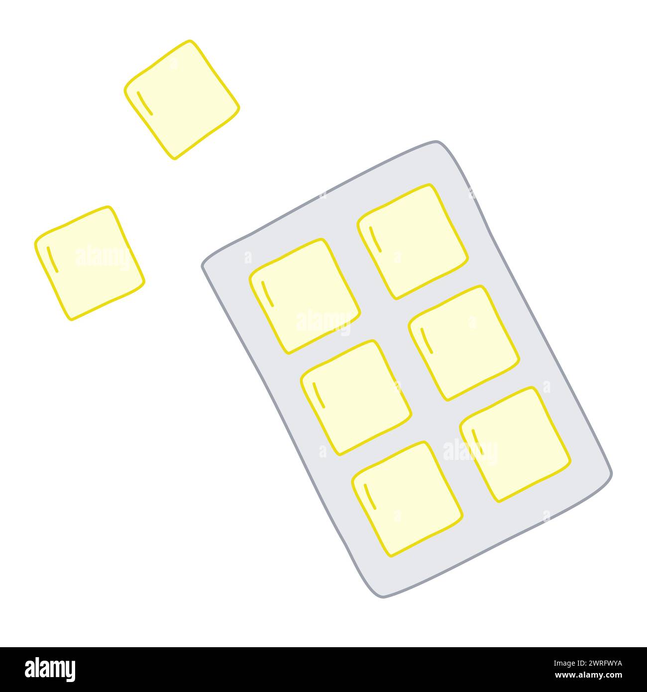 Square yellow tablets, lozenges or pills in blister package, cold and ...