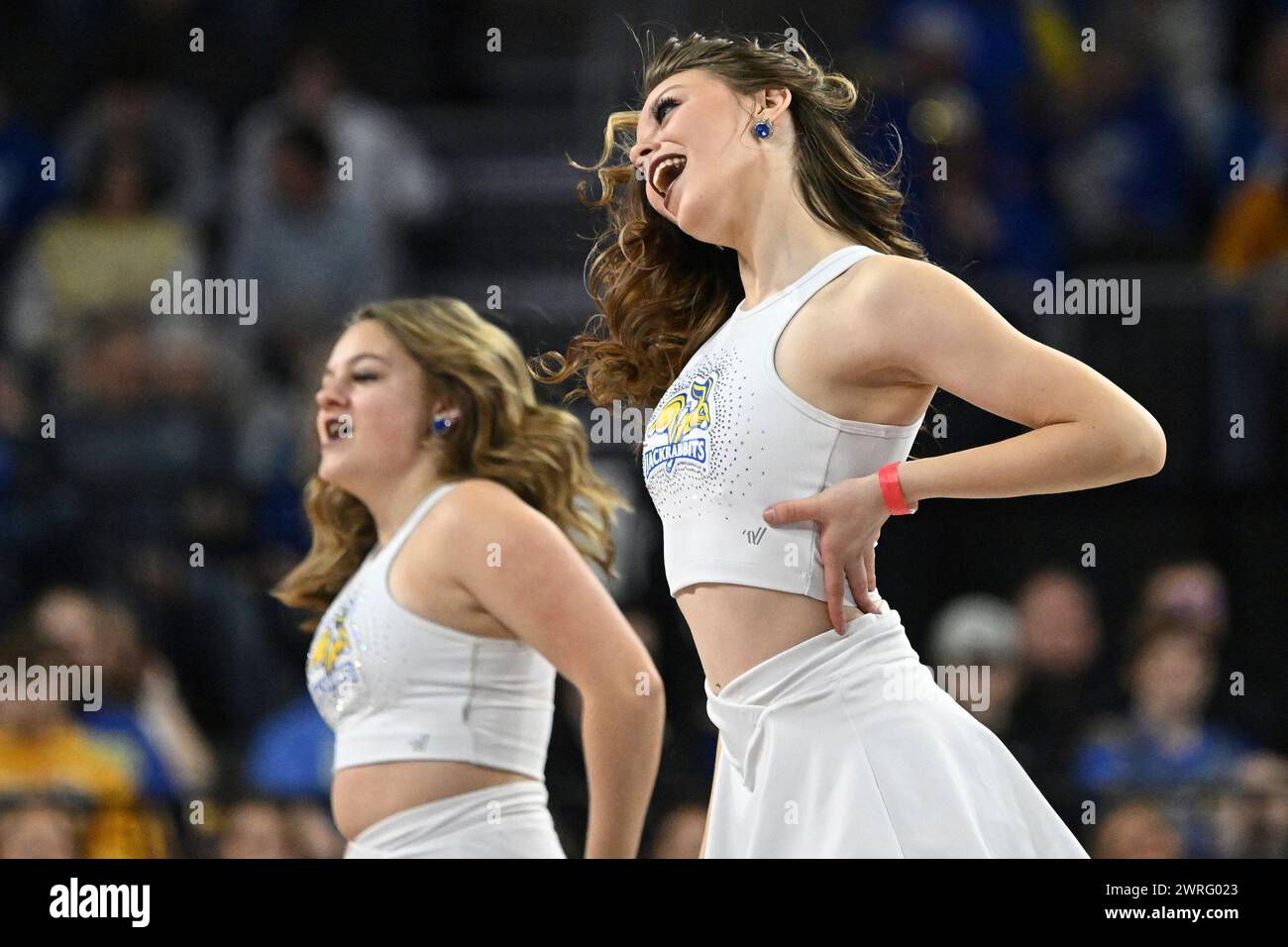 South Dakota State cheer team entertain the crowd during an NCAA women ...