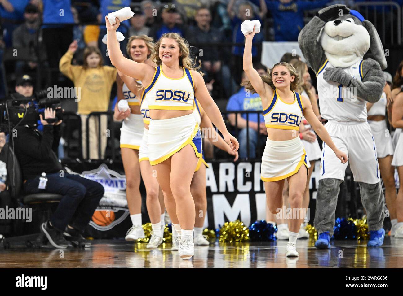 South Dakota State's cheer team take the floor during an NCAA women's ...