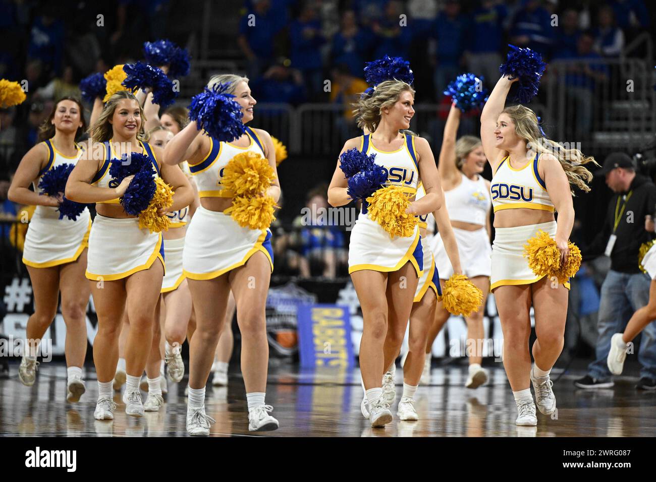 South Dakota State cheer team entertain the crowd during an NCAA women ...