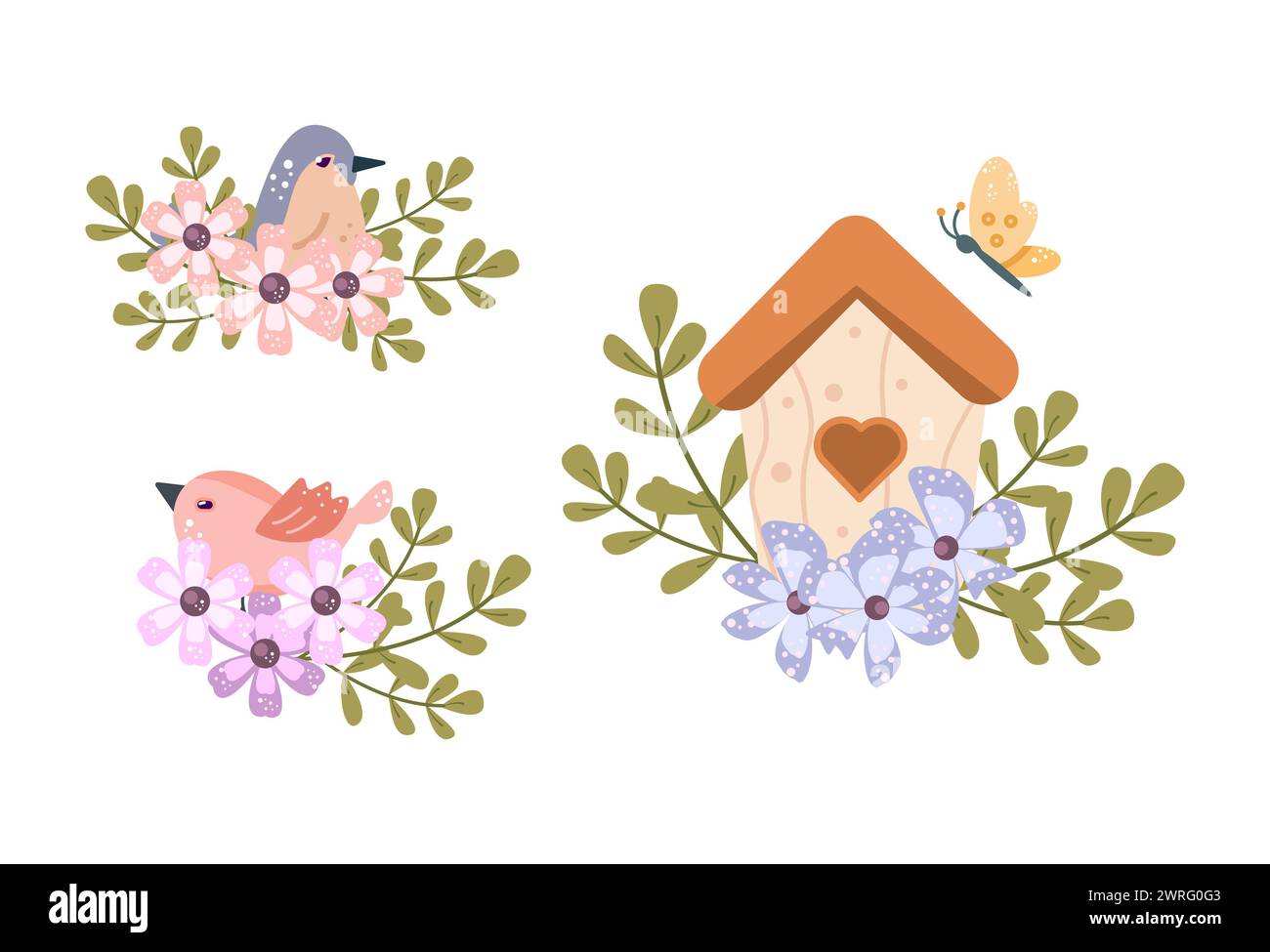 Spring birds and birdhouses design set with floral elements. Vector ...