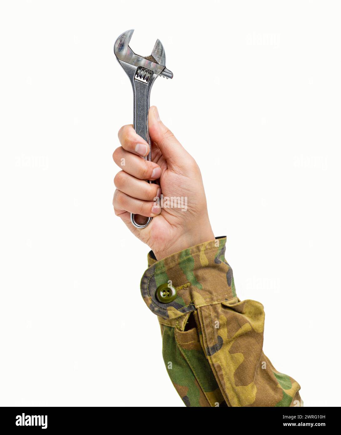 Man hand holding a spanner isolated on a white background Stock Photo ...