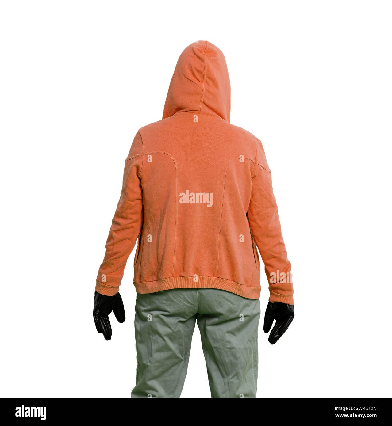 Rear view of a criminal or a hacker in hood on white background Stock ...