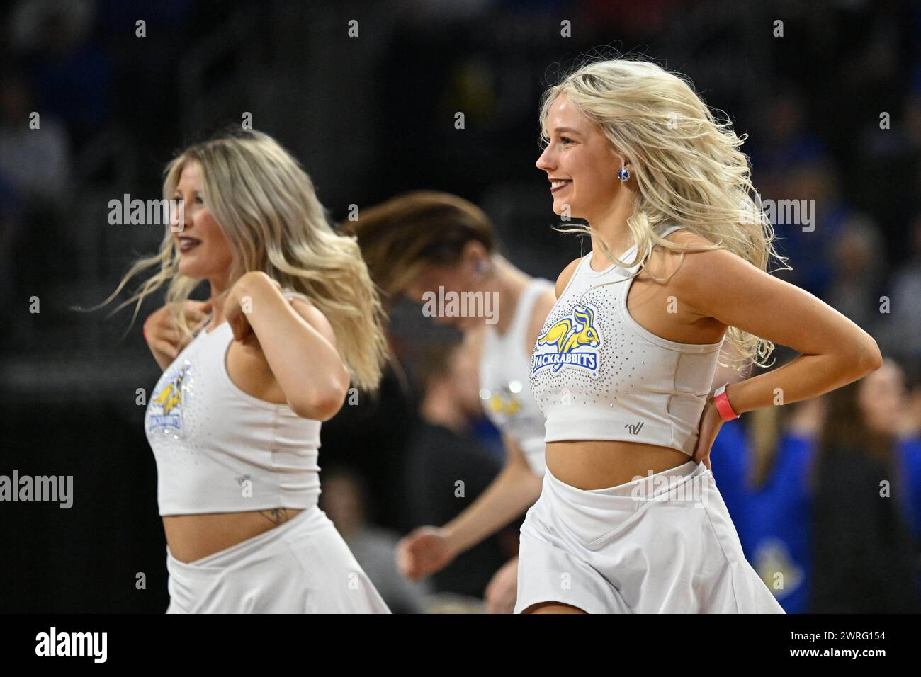 Sioux Falls, USA. 11th Mar, 2024. South Dakota State cheer team entertain the crowd during an ...